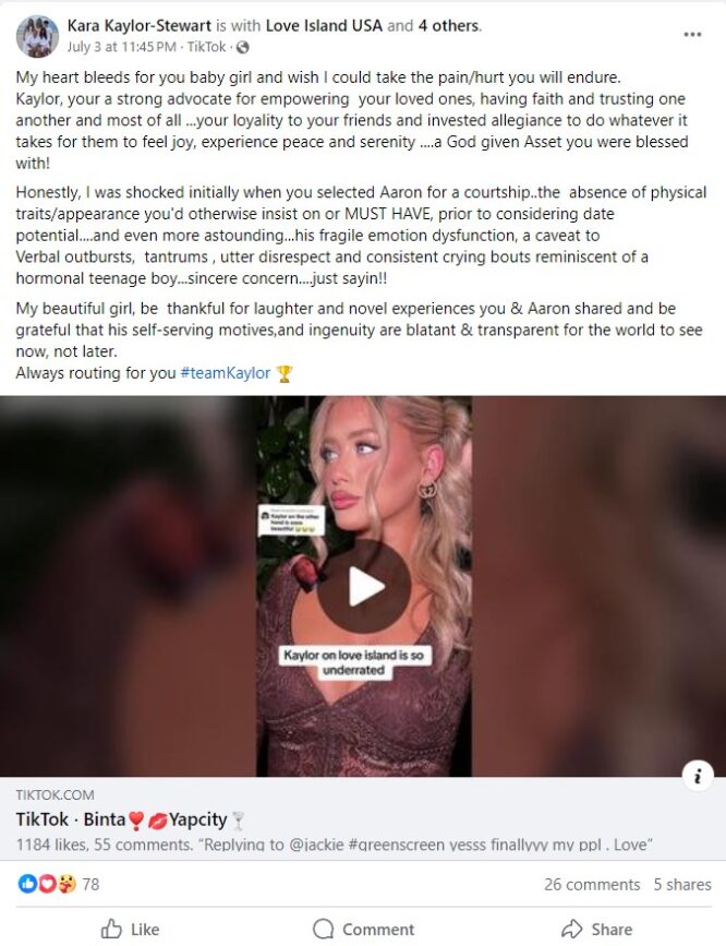 'Love Island USA' Kaylor's Mom's Facebook Post About Aaron - Betches